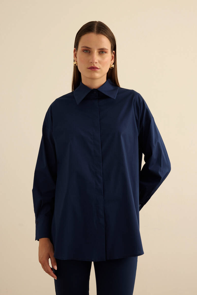 Lacivert Rahat Form Cotton Gömlek - Aker