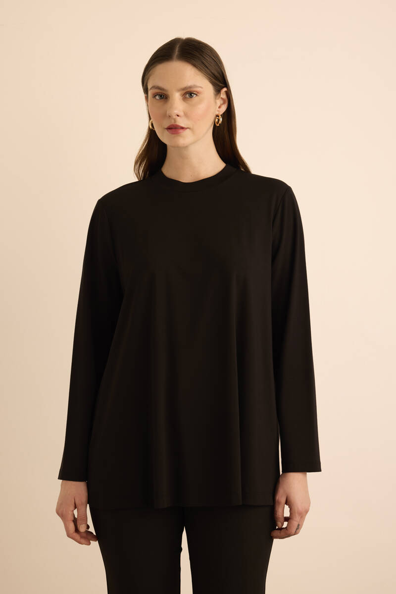 Siyah Uzun Kollu Örme Tunik - Aker