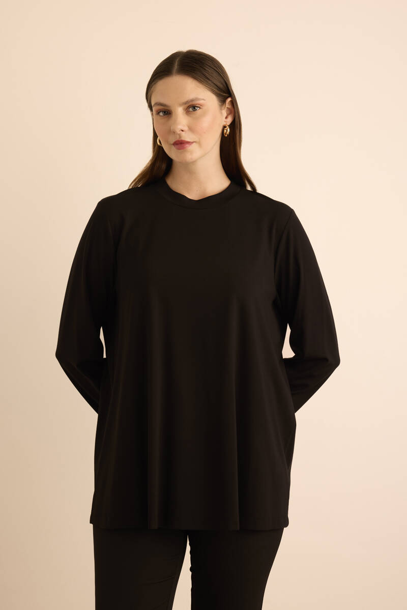Siyah Uzun Kollu Örme Tunik - Aker